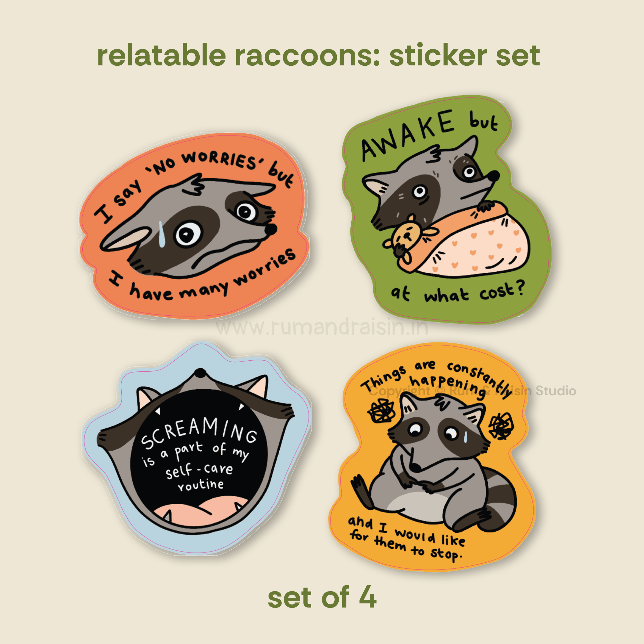 Relatable Raccoons - Set of 4 – Rum and Raisin Studio